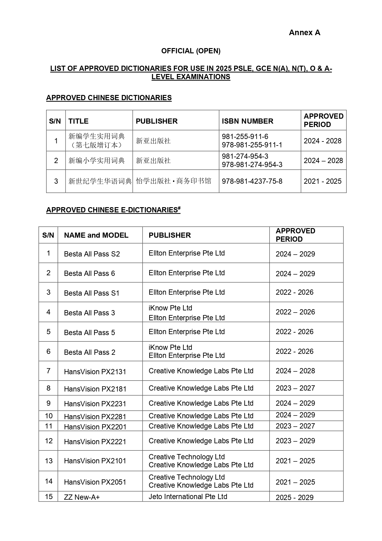 List of Approved Mother Tongue Dictionaries for PSLE